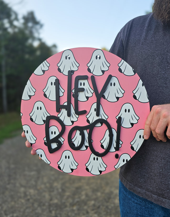 HEY BOO! Halloween Ghost Printed Sign | Pink Ghost Halloween Door ...