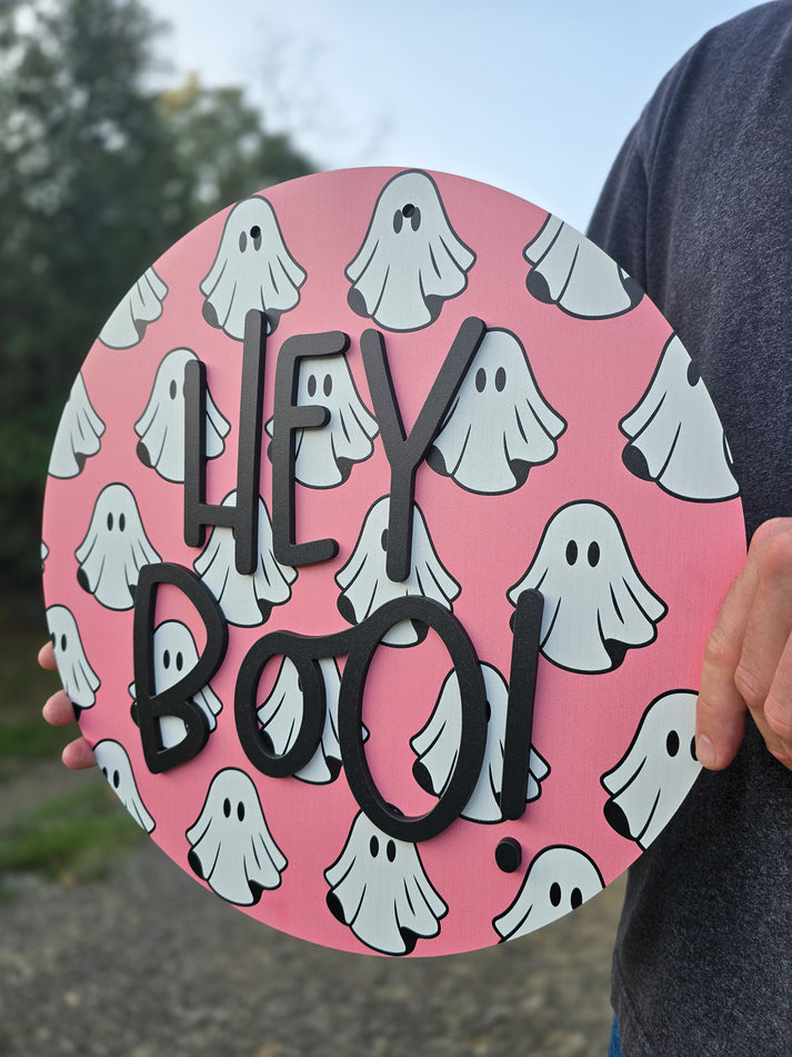 HEY BOO! Halloween Ghost Printed Sign | Pink Ghost Halloween Door ...